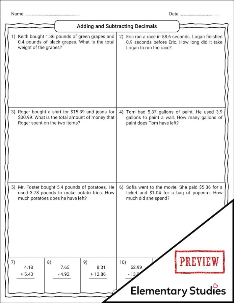Adding and Subtracting Decimal Word Problems - Elementary Studies