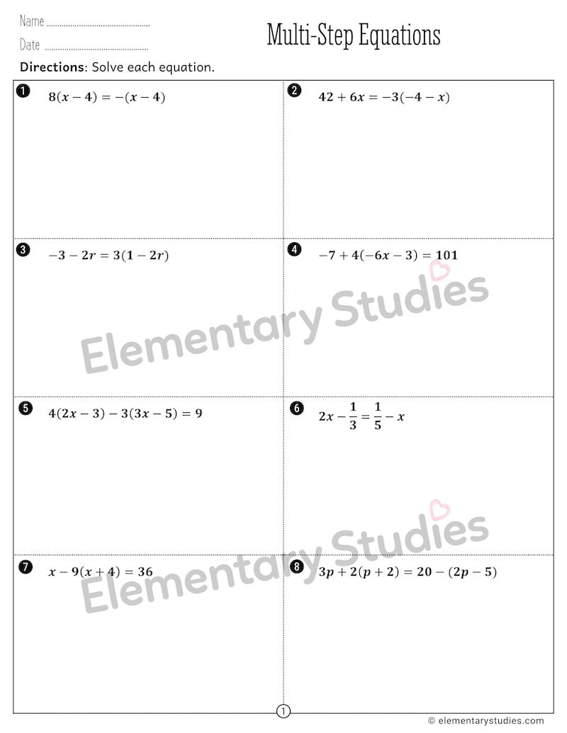 Solving Multi Step Equations Elementary Studies