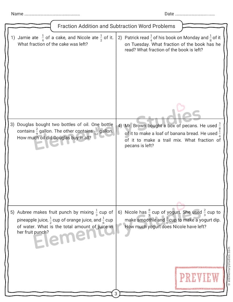 Adding And Subtracting Fractions Word Problems Elementary Studies