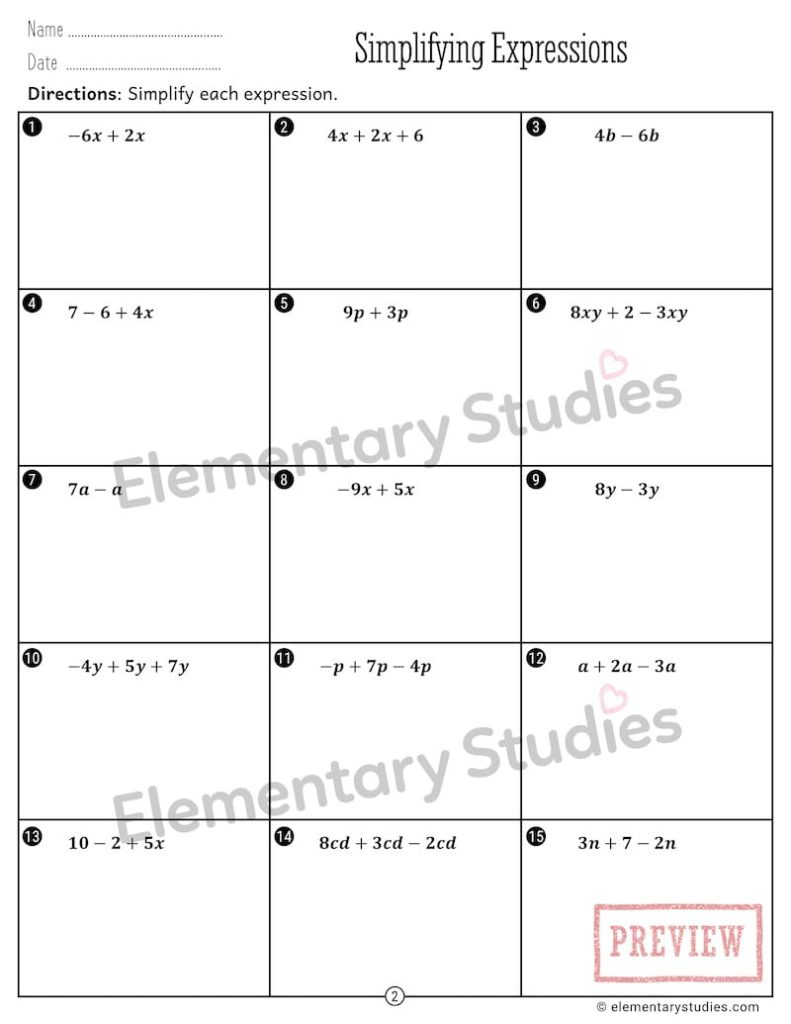 Simplifying Algebraic Expressions Worksheets - Elementary Studies Simplifying Algebraic Expressions Worksheets - Elementary Studies