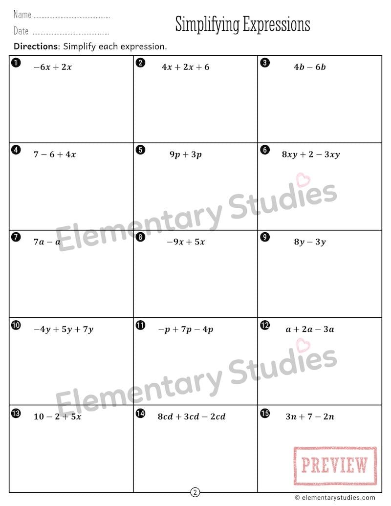 Simplifying Algebraic Expressions Worksheets Elementary Studies